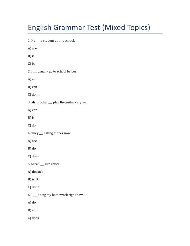 English Grammar Test: Mixed Topics
