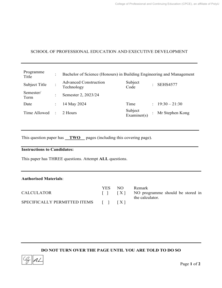Advanced Construction Technology Exam Paper
