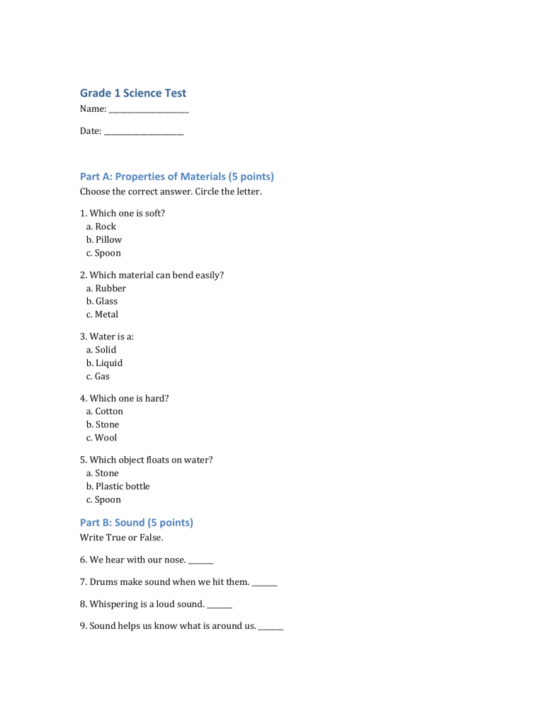 Grade 1 Science Test: Materials, Sound, Living Things