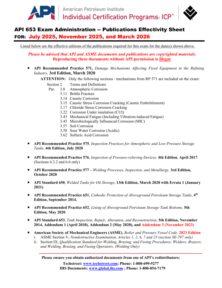 API 653 Exam Publications Effectivity Sheet (2025-2026)