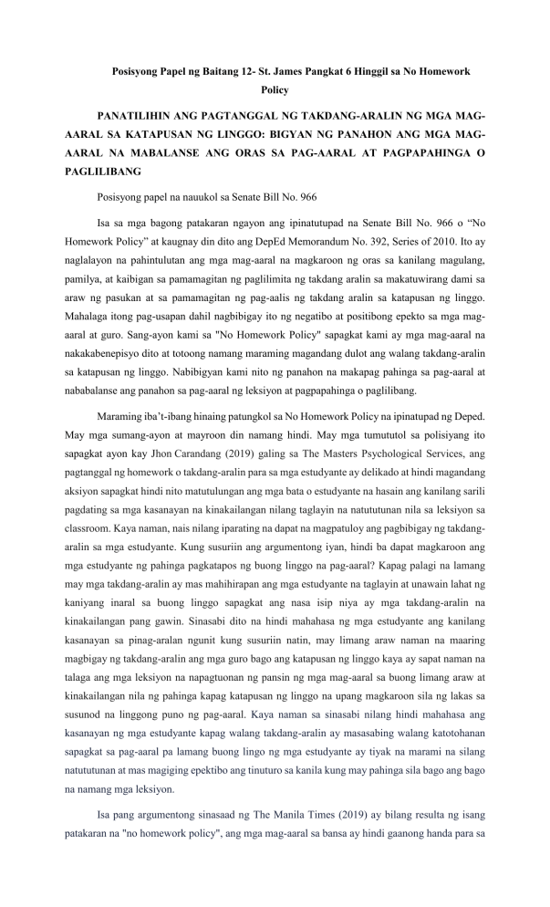 No Homework Policy: Student Position Paper