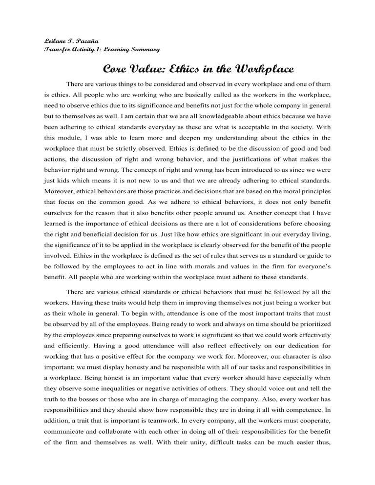 Ethics in the Workplace: Learning Summary & Key Principles
