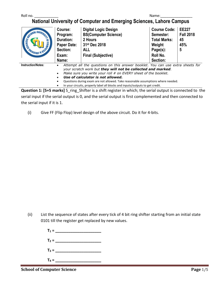Digital Logic Design Exam Paper - NU-Lahore