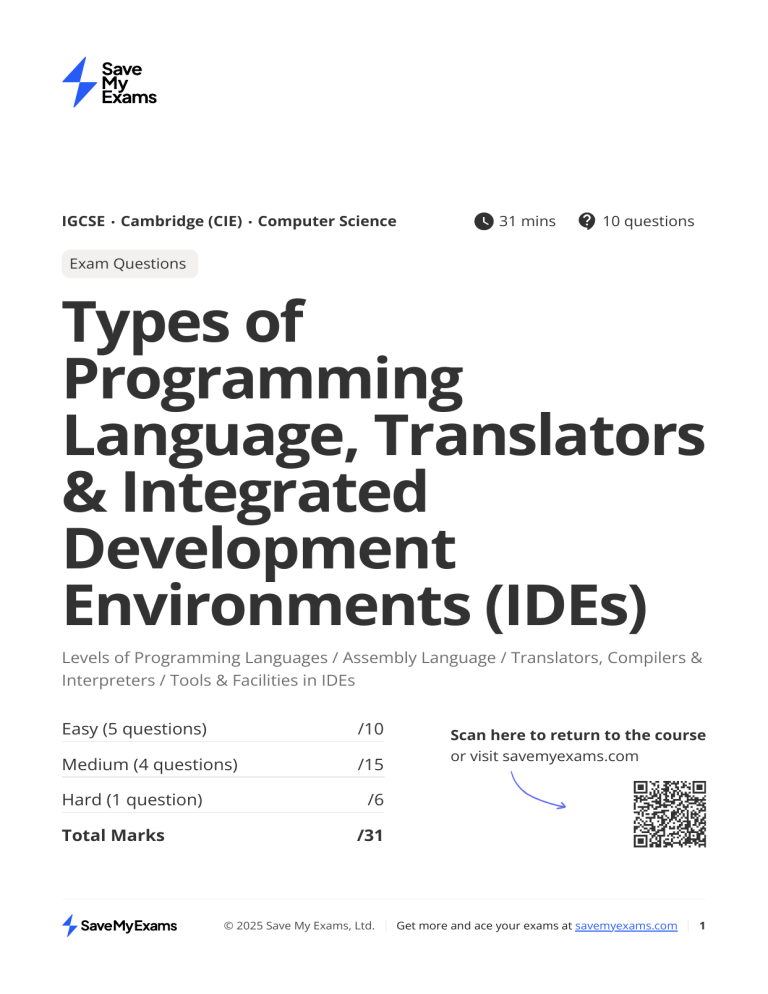 Programming Languages, Translators & IDEs Exam Questions