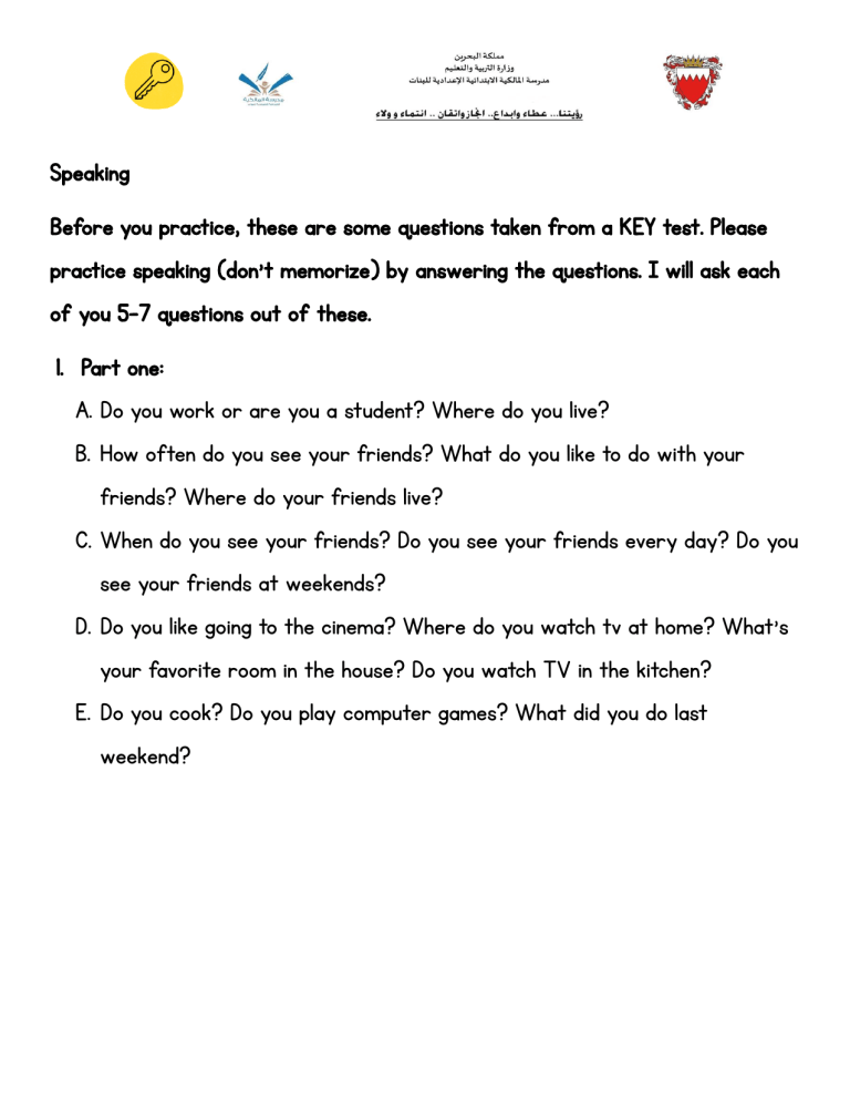 KEY Test Speaking Practice Questions