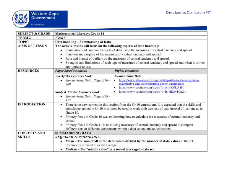 Data Handling: Summarizing Data - Grade 11 Lesson Plan