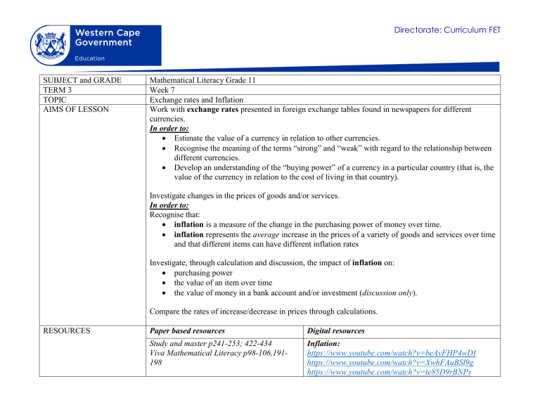 Grade 11 Math Literacy: Exchange Rates & Inflation Lesson