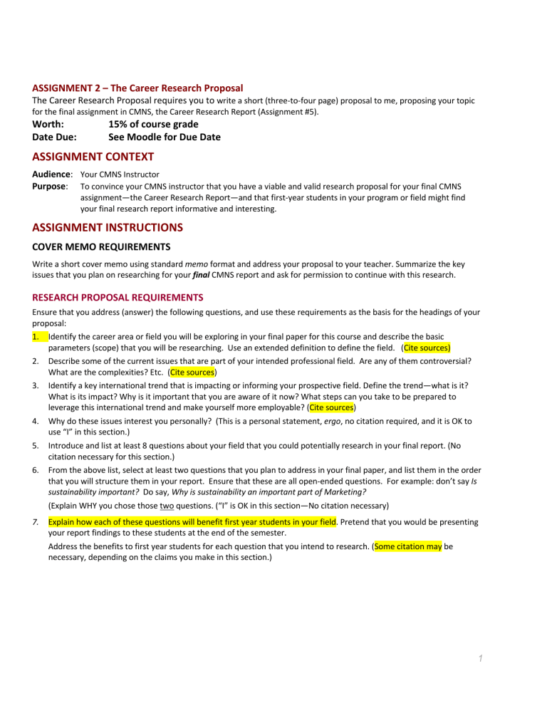 Career Research Proposal Assignment Instructions