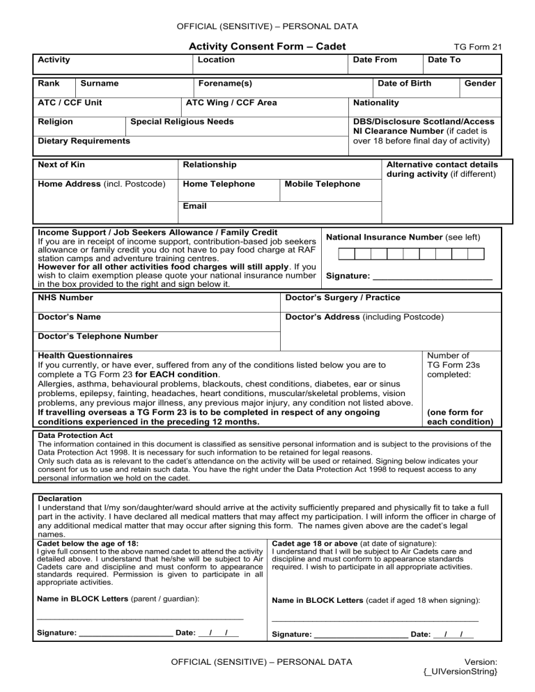 Cadet Activity Consent & Health Declaration Form