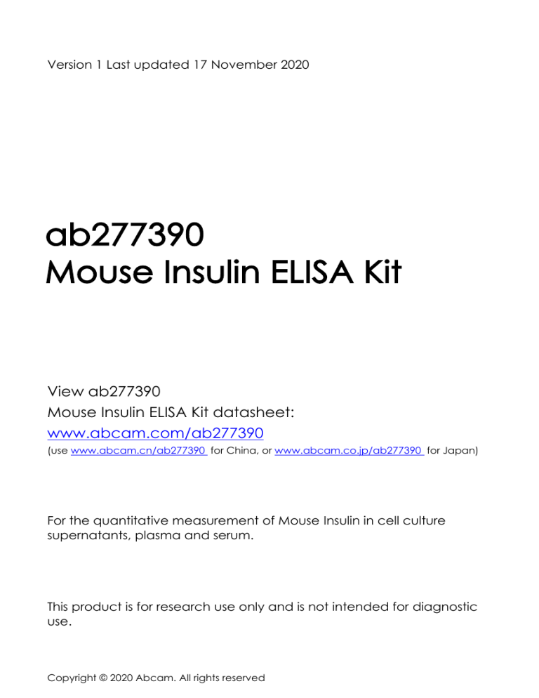 Mouse Insulin ELISA Kit Datasheet ab277390