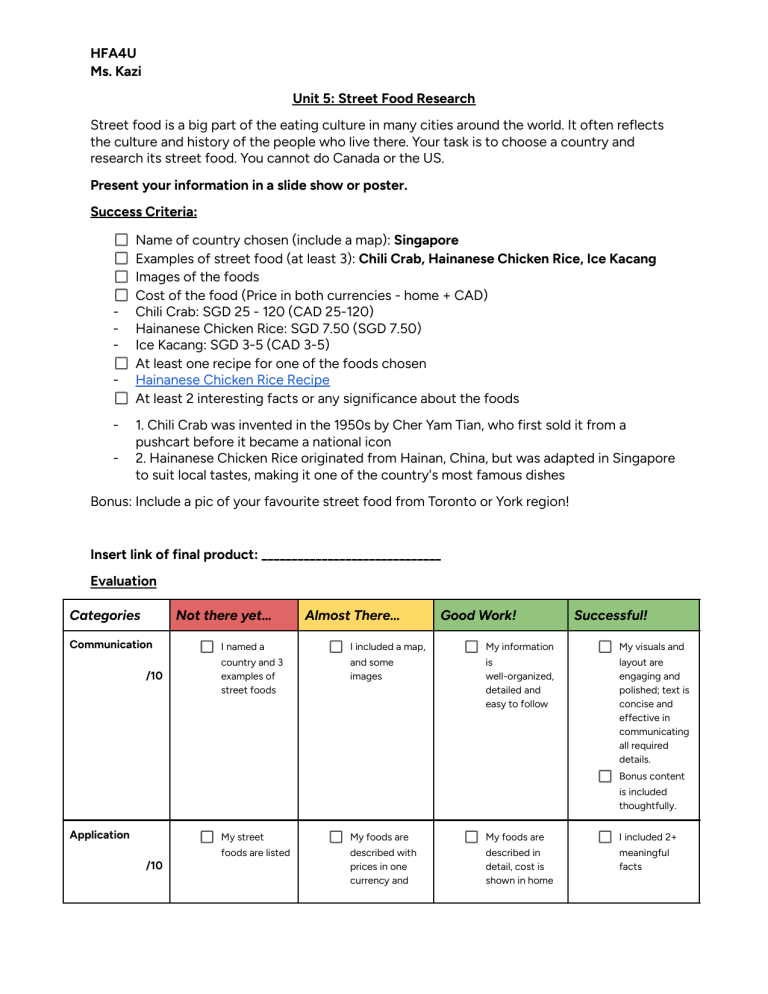 Street Food Research Assignment: Singapore Example