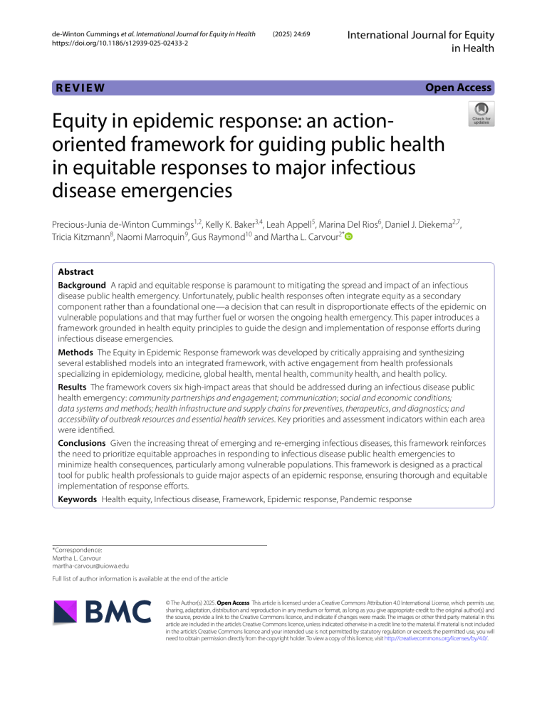 Equity in Epidemic Response: A Public Health Framework
