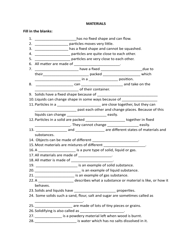 States of Matter Worksheet: Science Fill-in-Blanks
