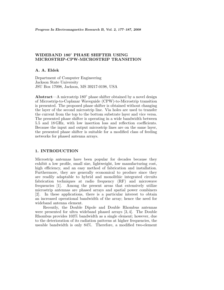 Wideband 180° Phase Shifter: Microstrip-CPW-Microstrip Transition