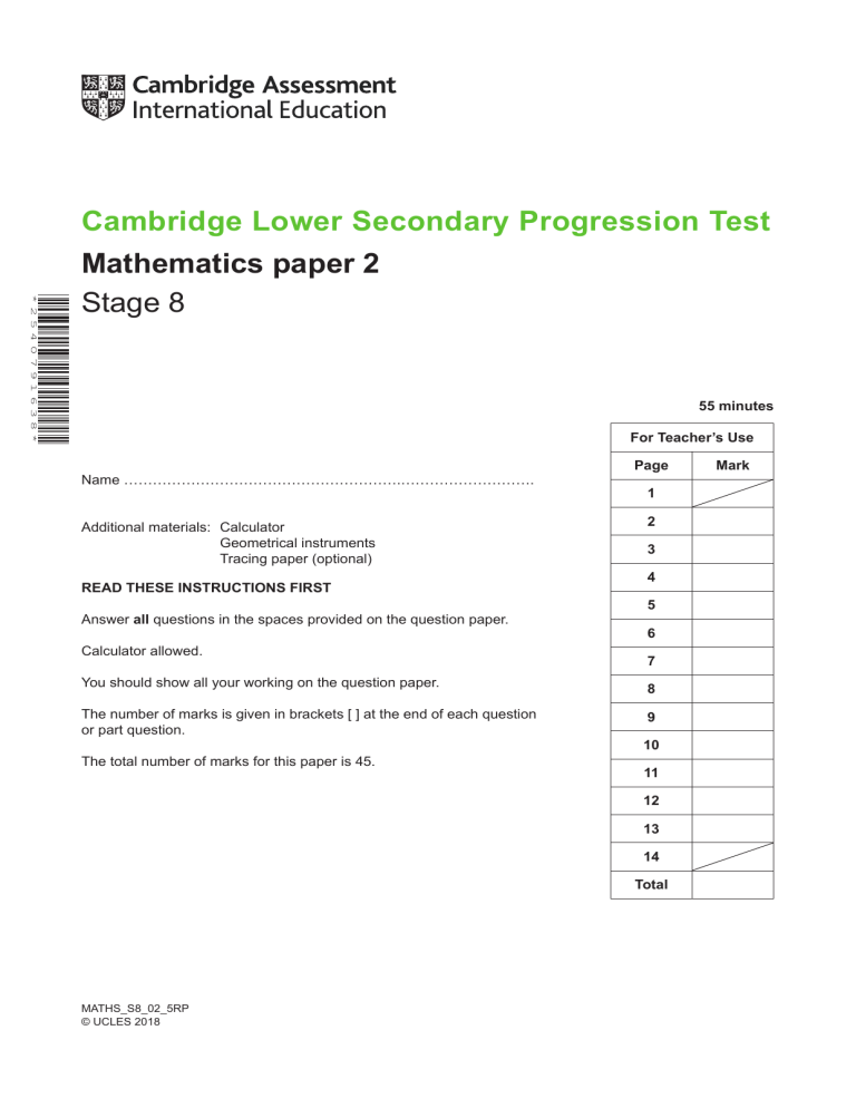 Stage 8 Mathematics Progression Test