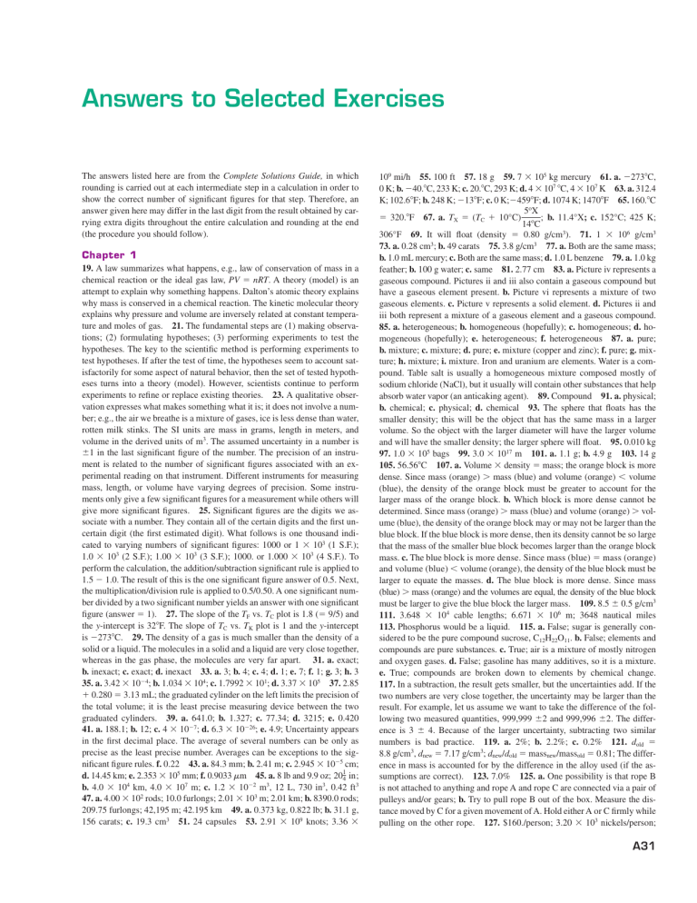 Chemistry Exercise Answers: Chapter 1 Solutions Guide