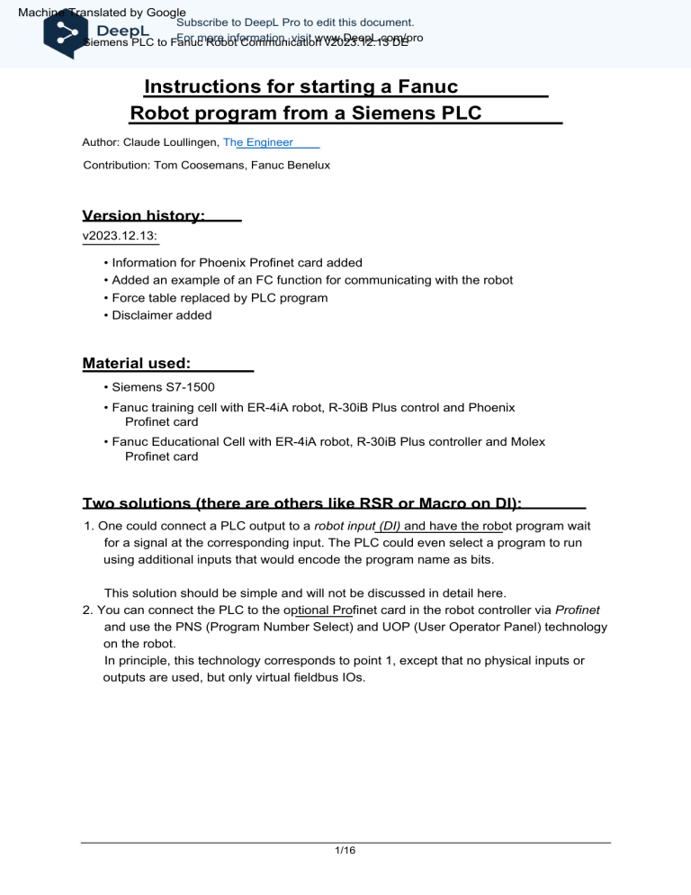 Siemens PLC to Fanuc Robot Communication Guide