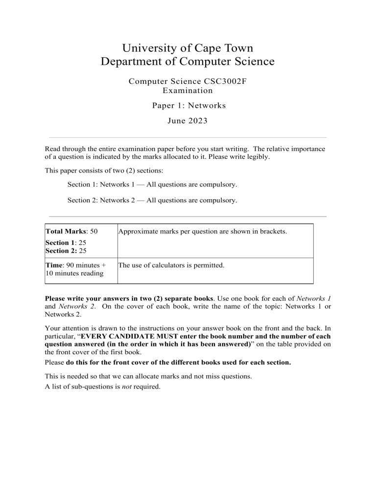 Computer Networks Exam Paper - University of Cape Town