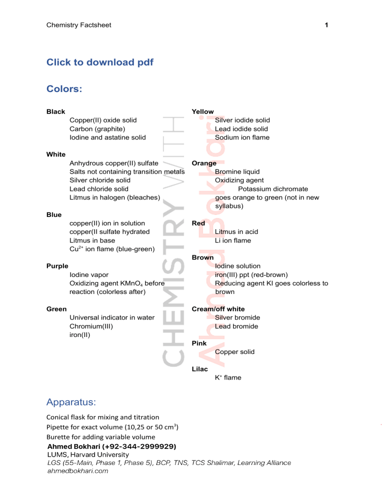 Chemistry Factsheet: Colors, Bonding, & More