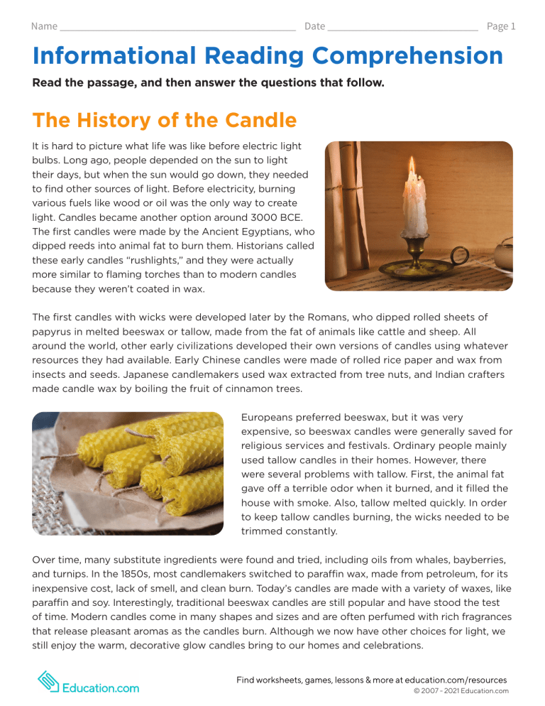 History of Candles Reading Comprehension Worksheet