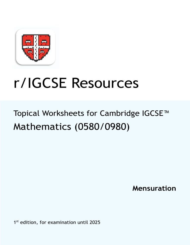 IGCSE Math Mensuration Worksheet: Practice Problems