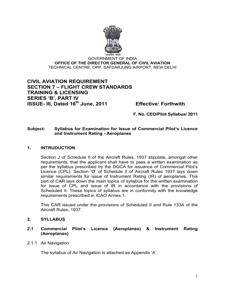 DGCA Commercial Pilot Licence & Instrument Rating Exam Syllabus