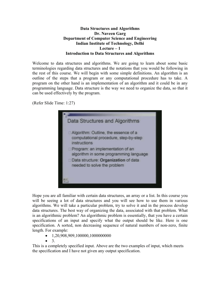 Data Structures And Algorithms Lecture 1 Introduction
