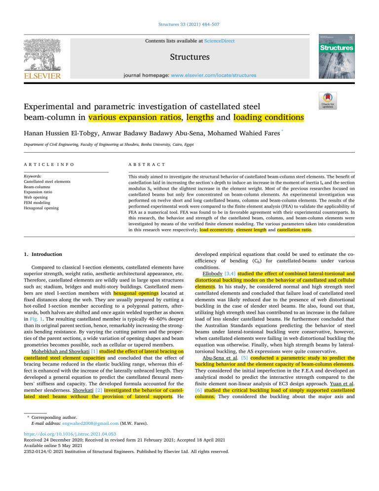 Castellated Steel Beam-Column Investigation: Expansion & Loading