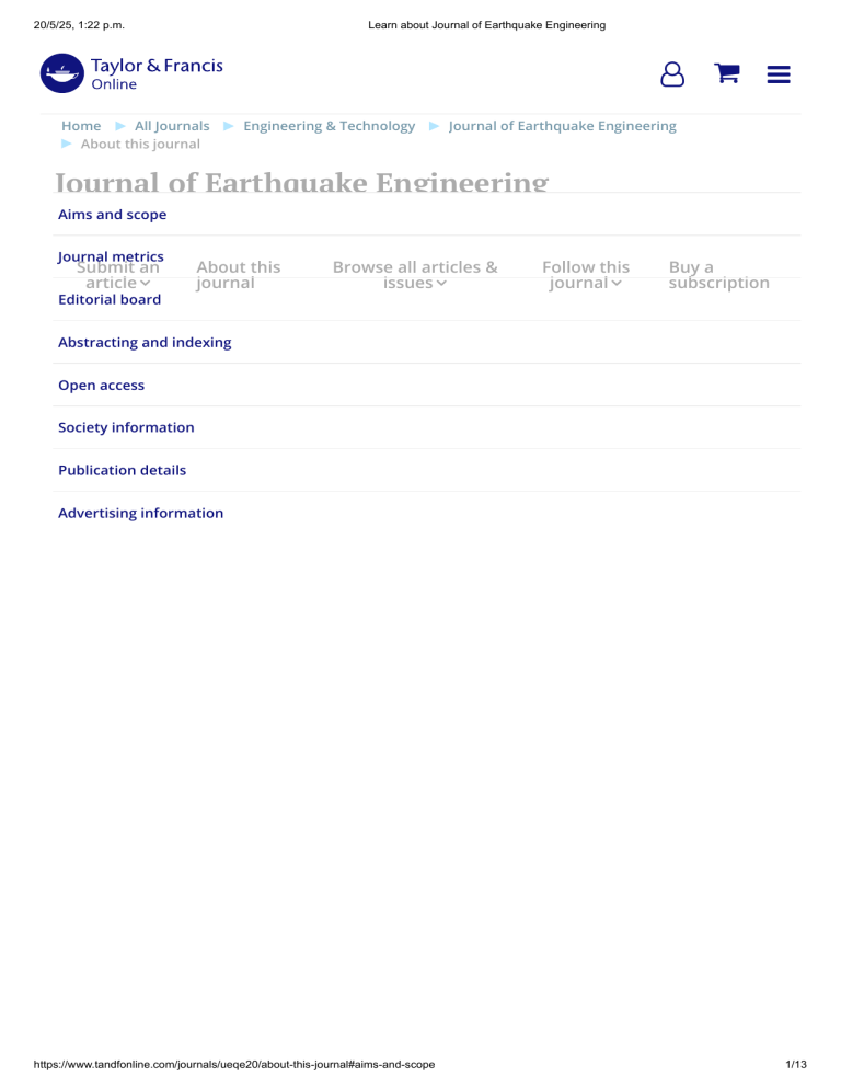 Journal of Earthquake Engineering: Aims, Scope, Metrics