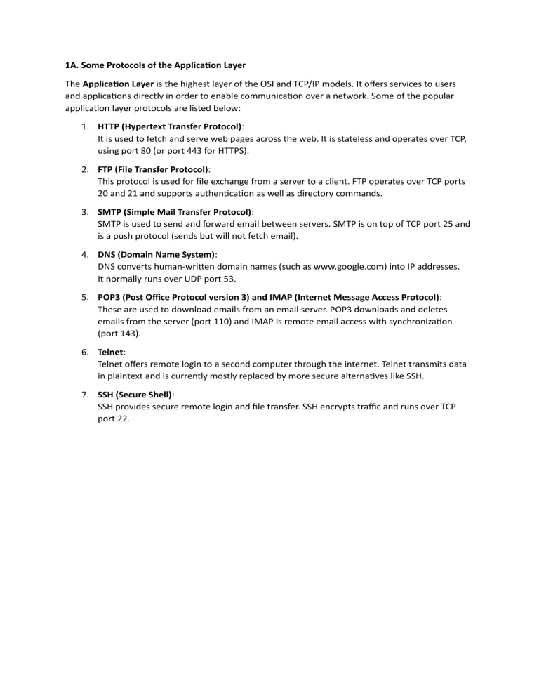 Application Layer Protocols: HTTP, FTP, SMTP, DNS, SSH