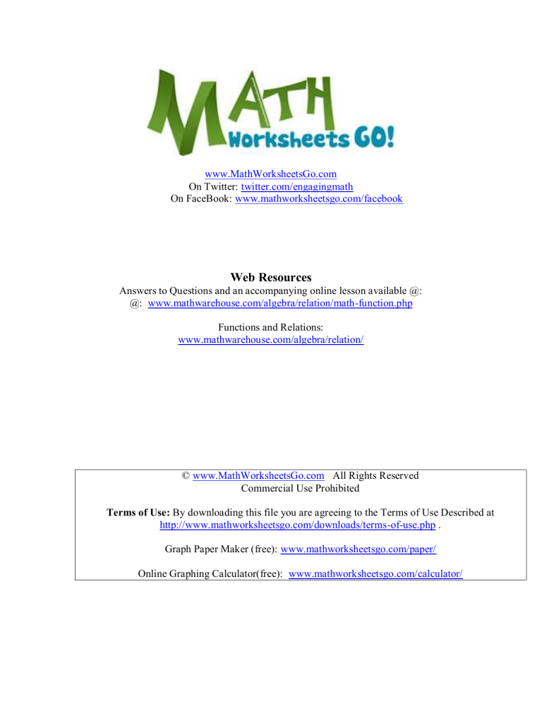 Relations, Functions, Domain & Range Worksheet