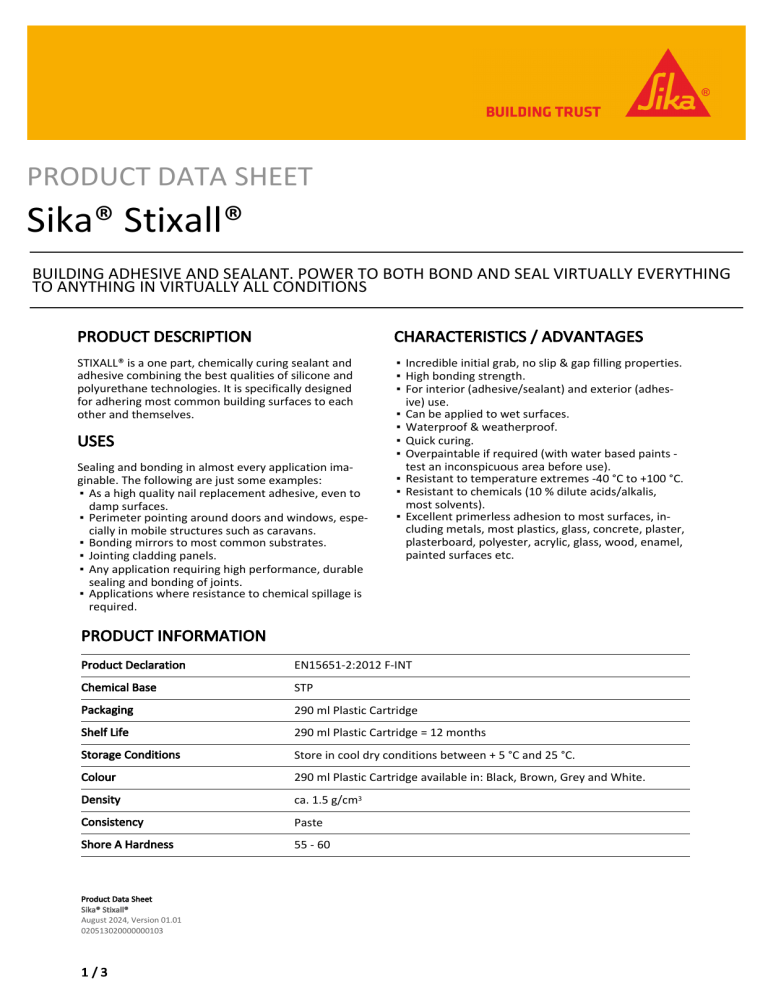 Sika Stixall: Building Adhesive & Sealant Product Data Sheet
