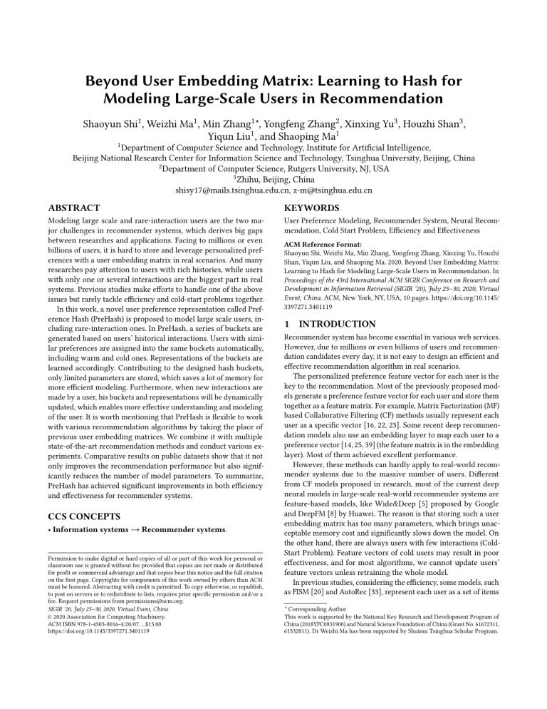 PreHash: Hashing for Large-Scale User Modeling in Recommendation