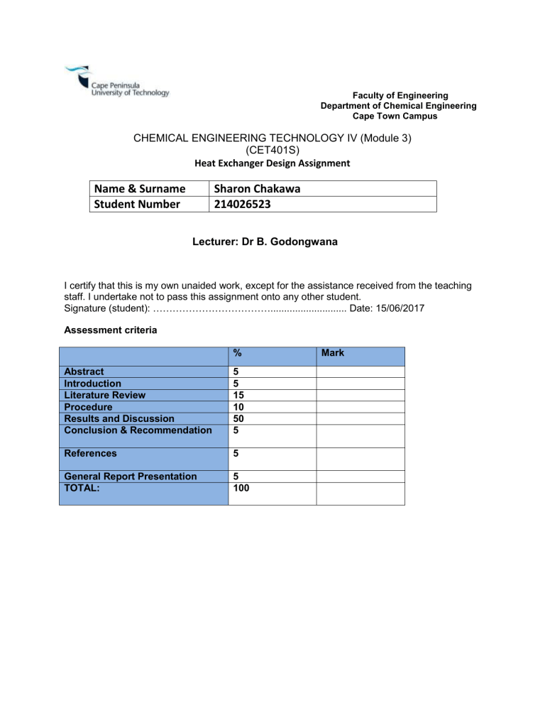 Heat Exchanger Design Assignment: Chemical Engineering