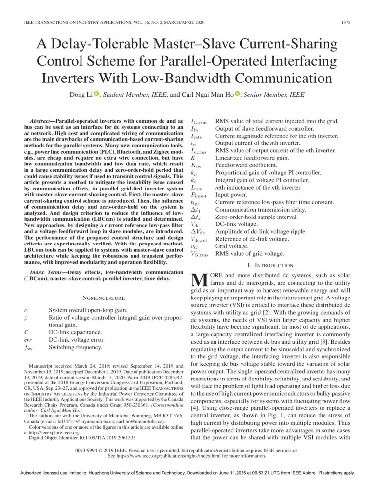 Master-Slave Control for Parallel Inverters with LBCom