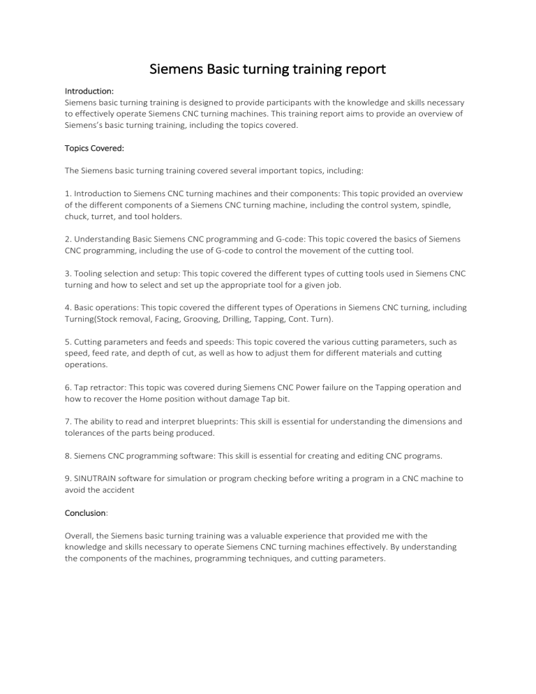Siemens CNC Turning Training Report: Basic Operations & Programming