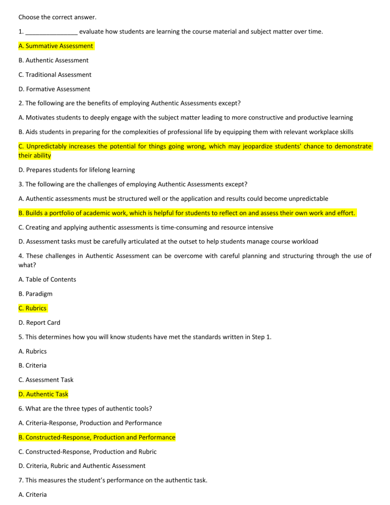 Assessment Methods Exam: Formative, Summative, Authentic
