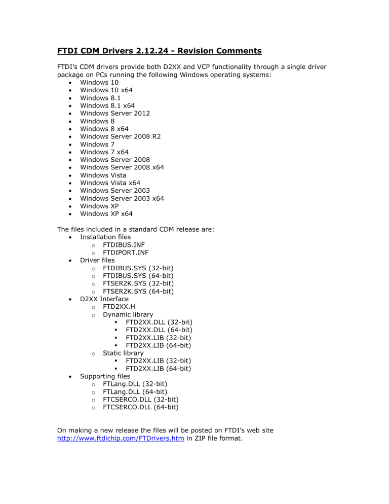 FTDI CDM Drivers Revision Comments