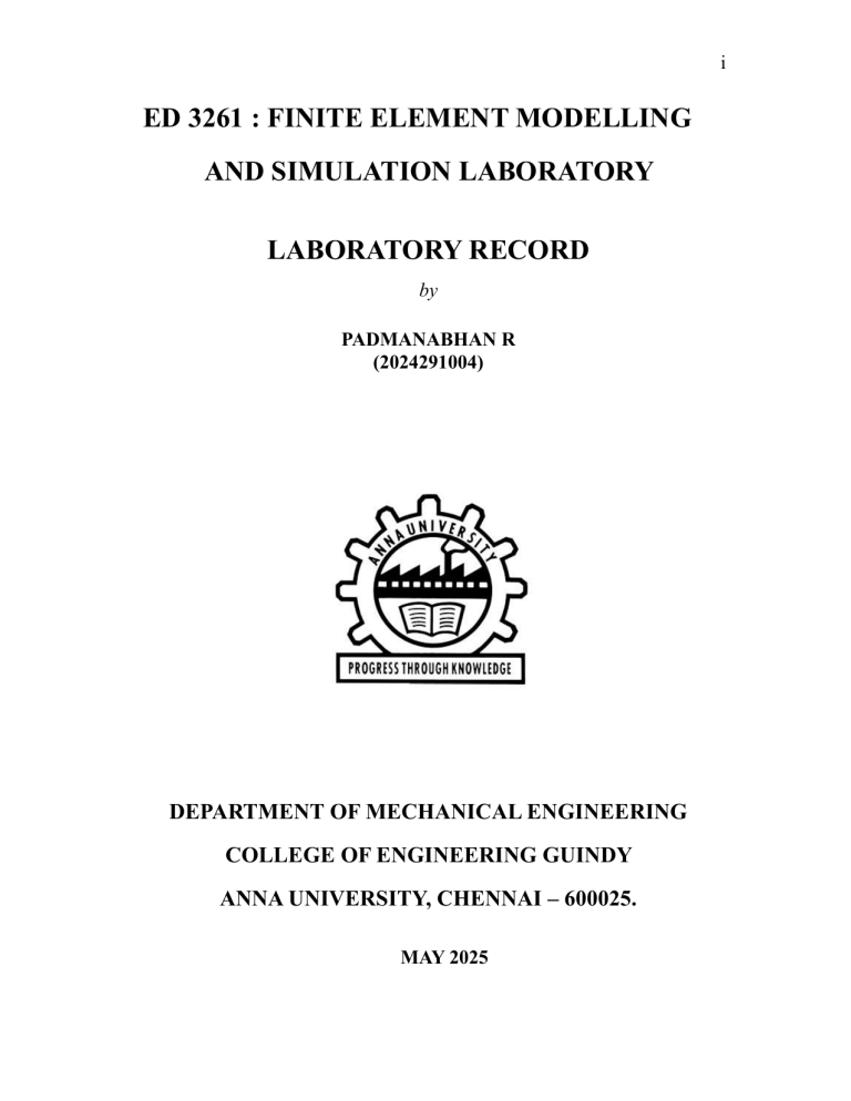 Finite Element Modelling & Simulation Lab Record