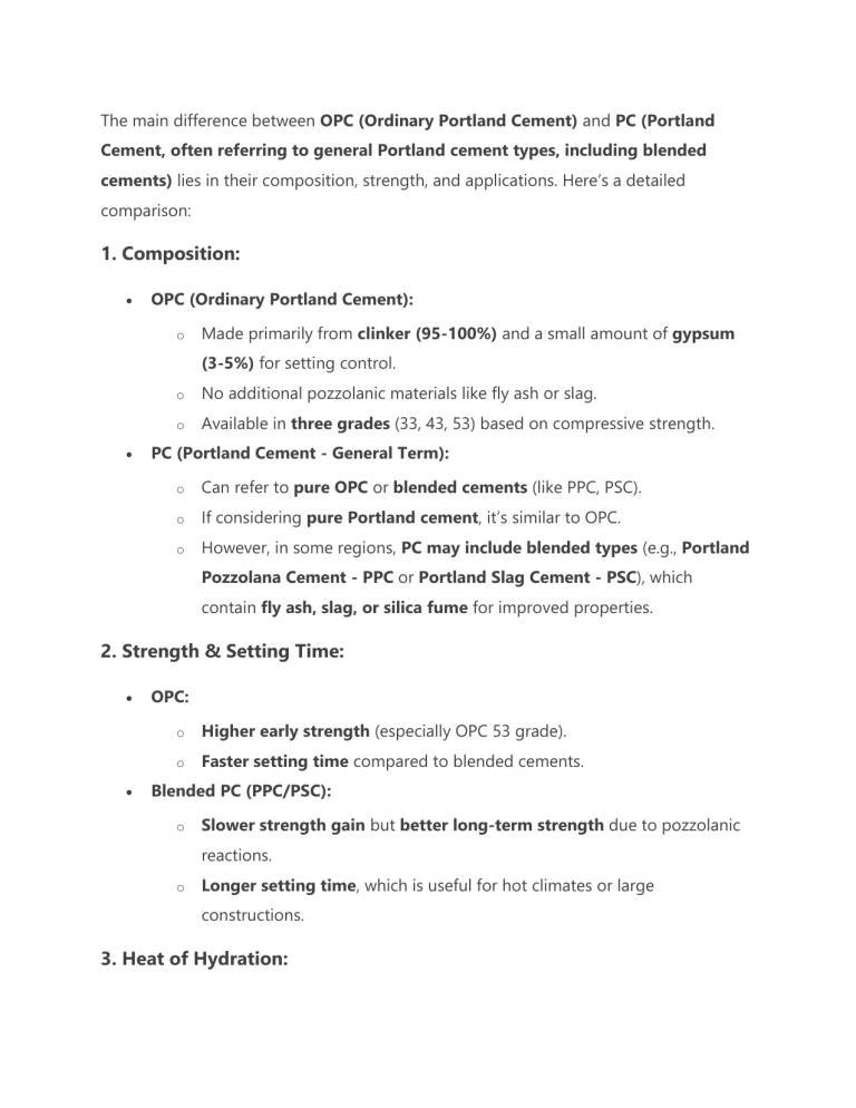 OPC vs PC Cement: Composition, Strength & Applications