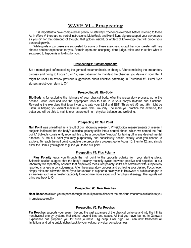 Gateway Experience Wave VI: Prospecting Exercises