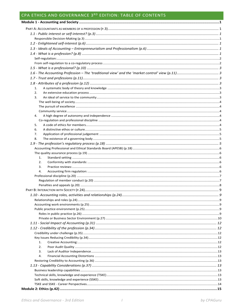 CPA Ethics & Governance: Table of Contents