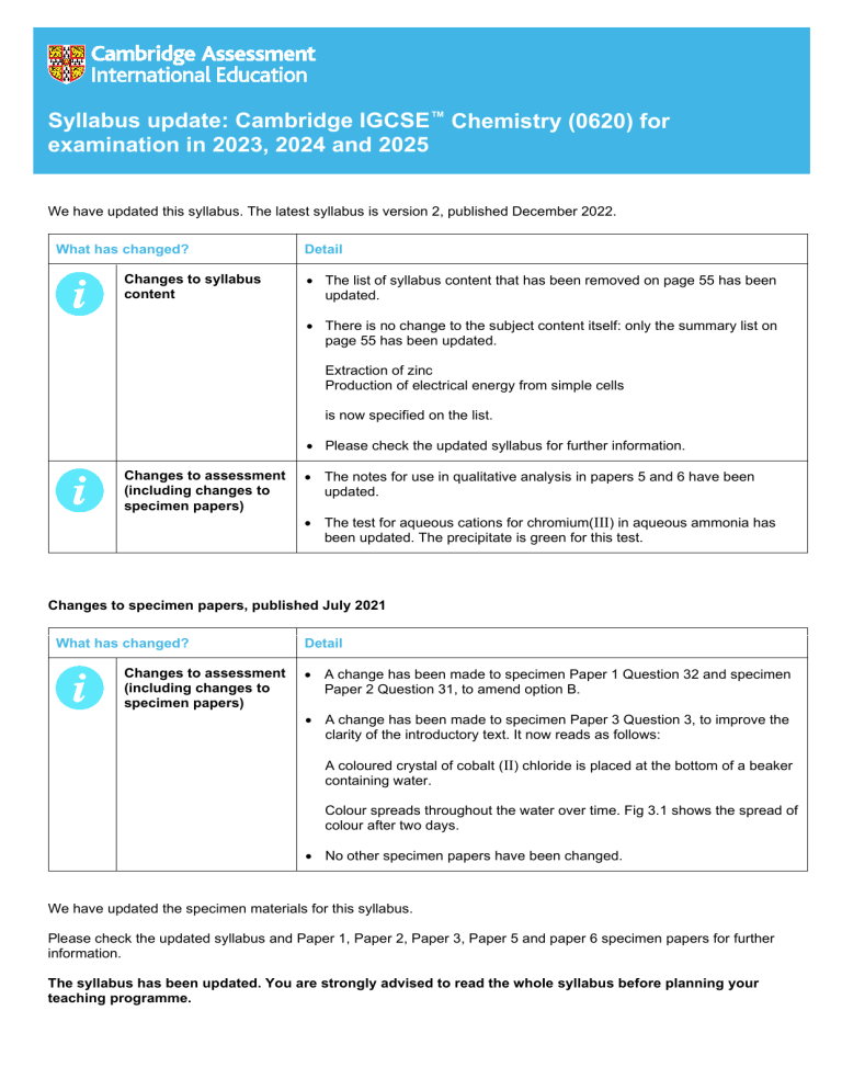 IGCSE Chemistry (0620) Syllabus Update 2023-2025