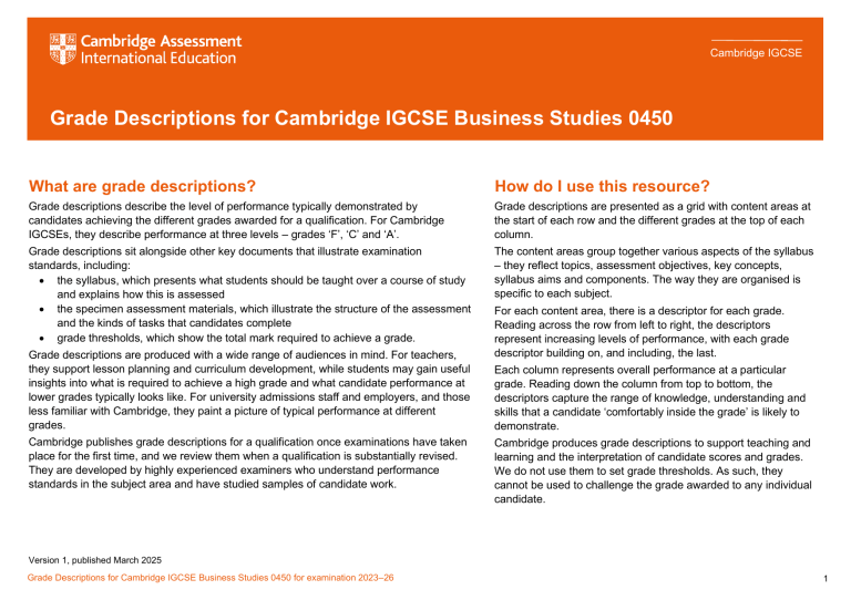IGCSE Business Studies Grade Descriptions (0450)