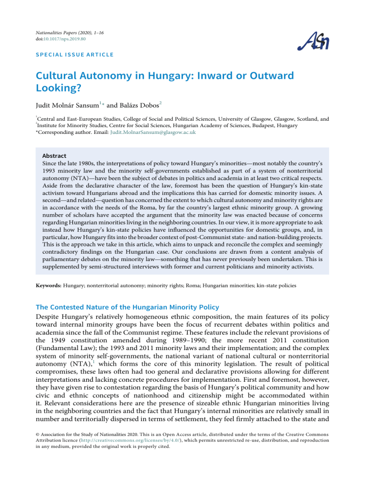 Cultural Autonomy in Hungary: Inward or Outward?