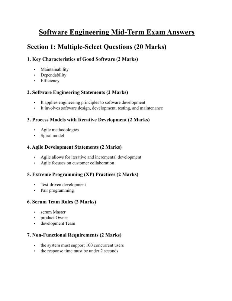 Software Engineering Mid-Term Exam Answers