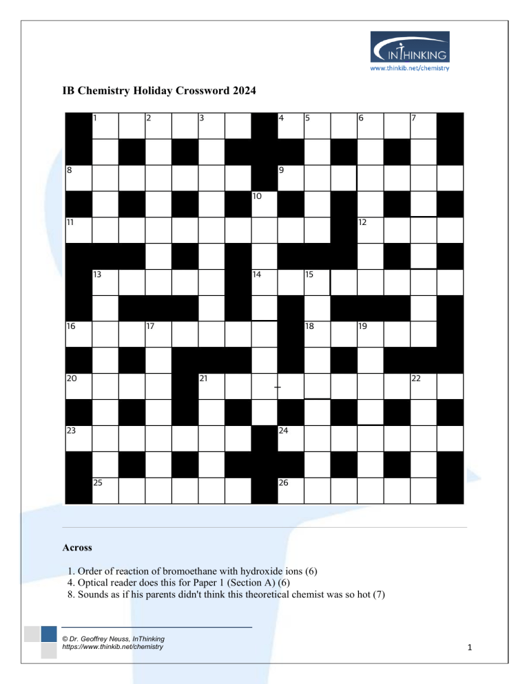 IB Chemistry Holiday Crossword Puzzle 2024