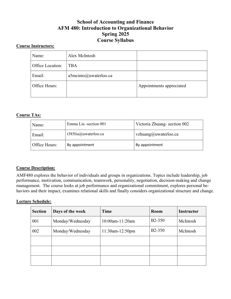 AFM 480 Organizational Behavior Syllabus - Spring 2025