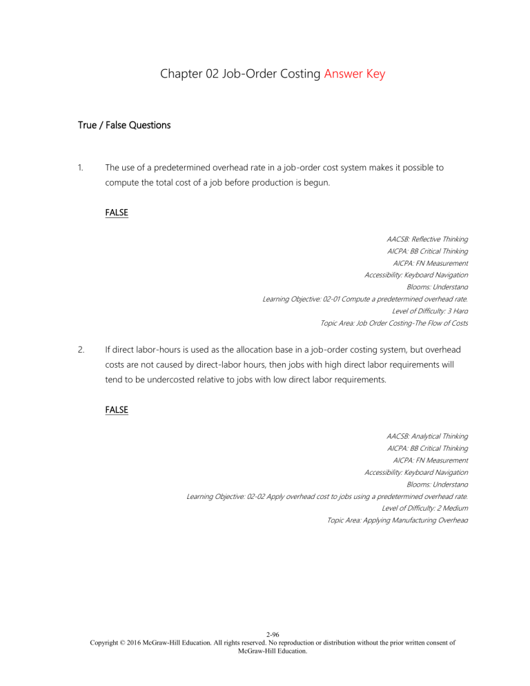 Job-Order Costing Answer Key: Chapter 2 Solutions