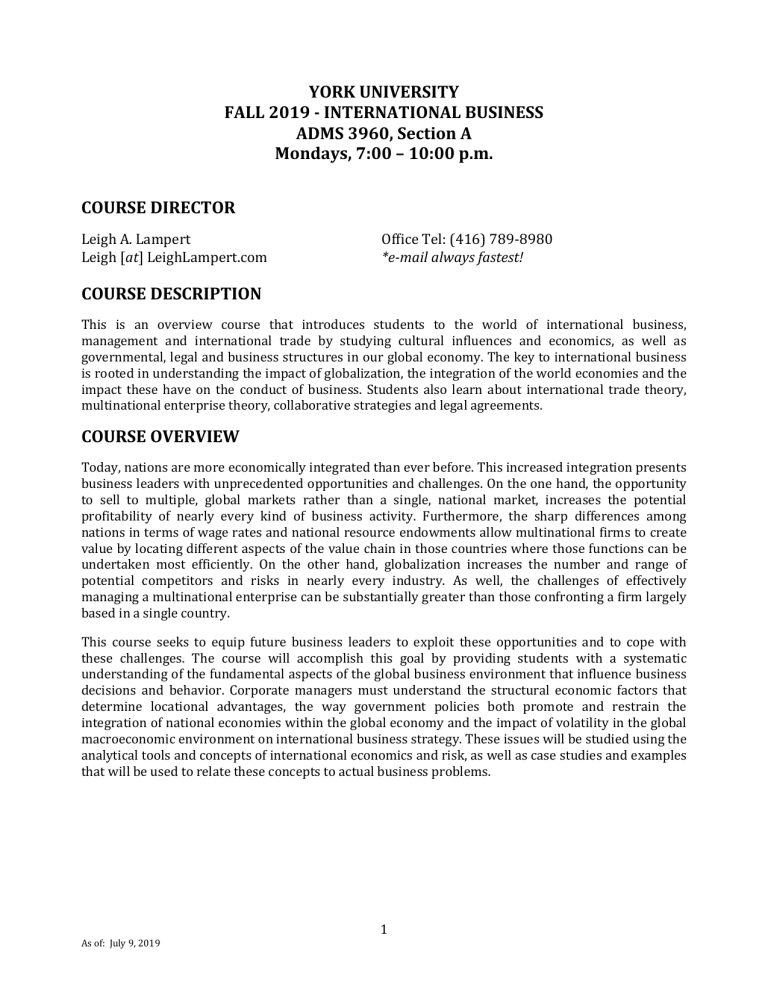 York University International Business Course Syllabus - Fall 2019